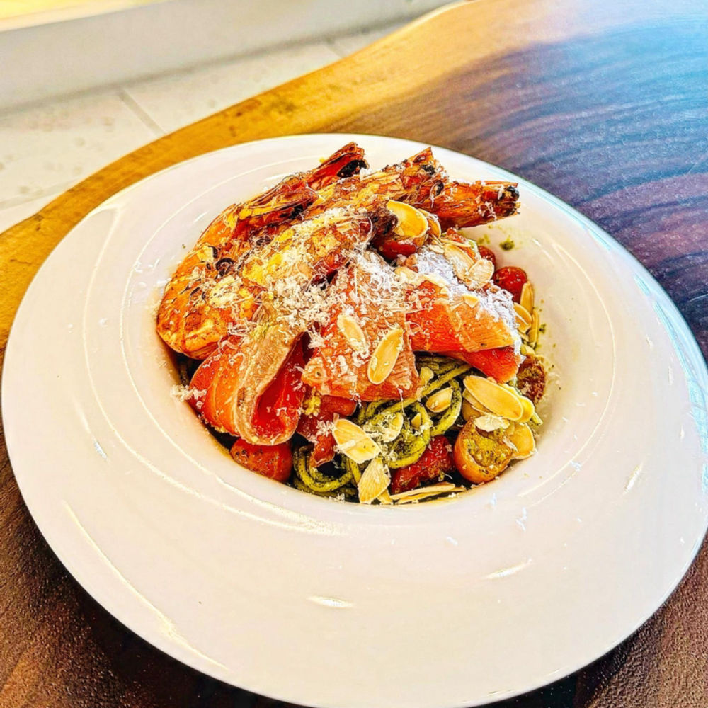 Homemade Pesto with Grill Tiger Prawn & Smoked Salmon by FIN & FEATHER ...